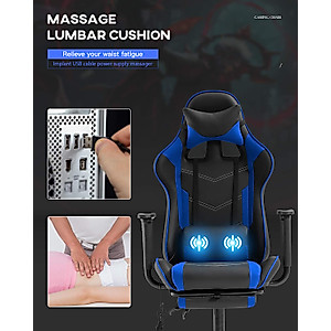 Gaming Chair Office Chair Desk Chair Massage PU Leather Recliner Racing Chair with Headrest Armrest Footrest Rolling Swivel Task PC Ergonomic Computer Chair for Back Support, Blue