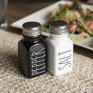 Farmhouse Ceramic Salt and Pepper Shakers Set with Extra Lids. 100% Stoneware Salt and Pepper Shaker Set. Black Pepper and White Salt Shaker with Lid x4. Kitchen Salt Pepper Shakers by Heartland Home