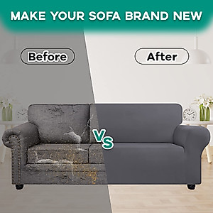 CWK Stretch Couch Covers for 3 Cushion Couch Sofa Spandex Non-Slip Soft Couch Sofa Cover Slipcovers,Furniture Protector with Non Skid Foam and Elastic Bottom for Kids,Dogs(Large,Dark Grey)