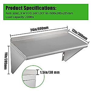 BouPower Stainless Steel Wall Shelf, 12'' x 24'', [NSF Certified] 230 lbs Load Heavy Duty Commercial Wall Mount Shelving, Metal Kitchen Rack for Restaurant, Home, Kitchen, Hotel, Laundry Room, Bar