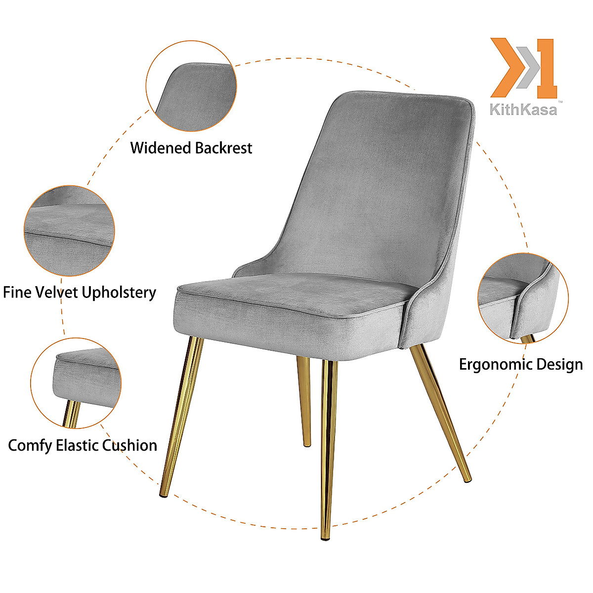 KithKasa Velvet Dining Upholstered Sets of 2 Mid-Century Modern Chair with Gold Legs for Kitchen Room, Gray