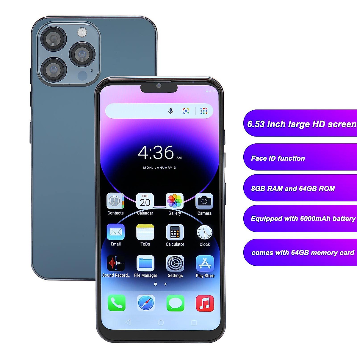 ciciglow I14 Pro Max Smartphone, 6.53 Inch 4G Mobile Phone, 8GB RAM 64GB ROM, 8MP+8MP Camera, 1440x3200 HD Display, 6000mAh, WiFi, BT, Face ID (US Plug)