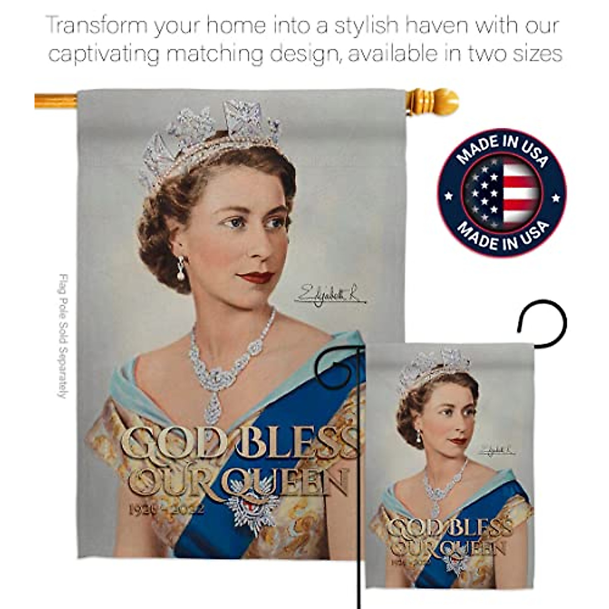 Queen Elizabeth II Flag Set Wood Dowel Sweet Life Sympathy Remembrance Memorial Bereavement Love Support Emotion Postive - House Banner Small Yard Gift Double-Sided 13 X 18.5