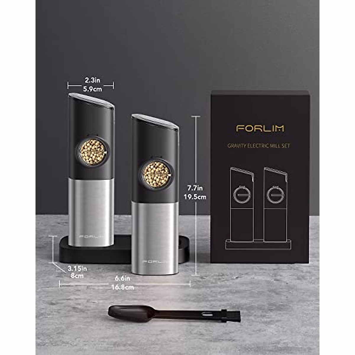 Gravity Electric Salt and Pepper Grinder Set, 𝐔𝐩𝐠𝐫𝐚𝐝𝐞𝐝 Large Capacity, USB Rechargeable Automatic One Hand Operated, Adjustable Coarseness, Auto Dust Lid, LED Light, Stain Steel Grey, 2 Mills