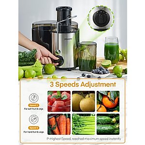 Juicer Machines, 600W Centrifugal Juicer with Wide Mouth 3” Feed Chute for Whole Vegetable and Fruit with 3-Speed Setting, Easy to Clean, BPA Free, High Yield Juice, Juice Recipe Included
