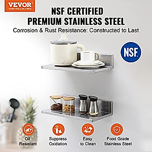 VEVOR 8.6" x 16" Stainless Steel Shelf, Wall Mounted Floating Shelving with Backsplash, 44 lbs Load Capacity Commercial Shelves, Heavy Duty Storage Rack for Restaurant, Kitchen, Bar, Home, and Hotel