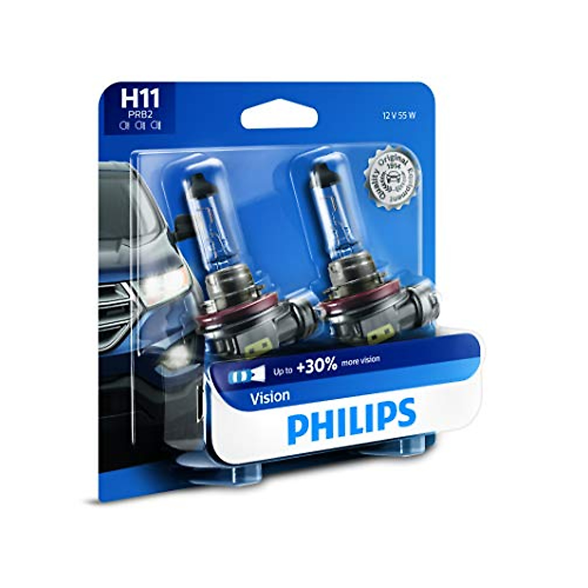 Philips Automotive Lighting H11 Vision Upgrade Headlight Bulb with up to 30% More Vision, 2 Pack,12362PRB2, white