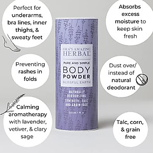 Body Powder, Talc Free Powder for Women, Talcum Powder, Blissful Earth Scent, Essential Oils Lavender, Vetiver and Clary Sage, Cornstarch Free, Bath Powder, Ora’s Amazing Herbal