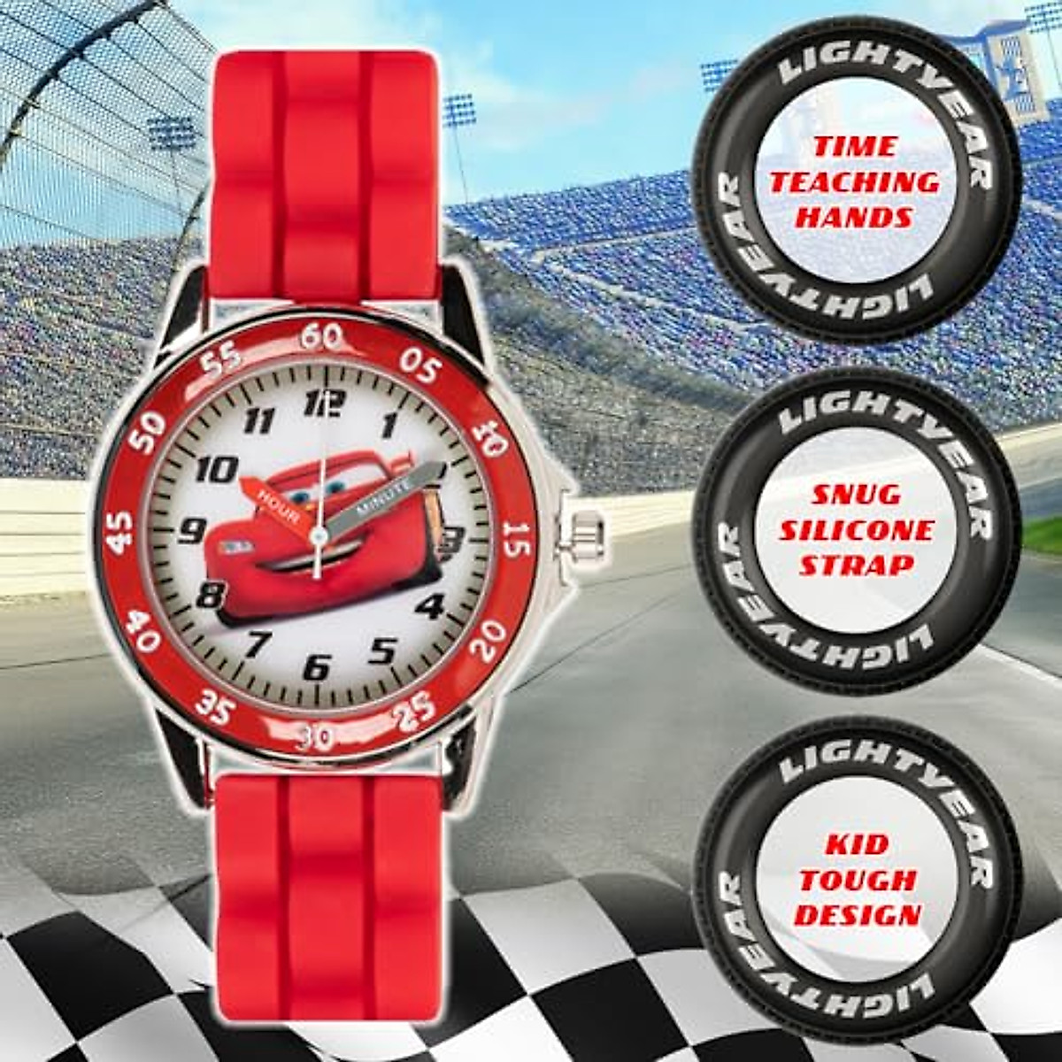 Disney Pixar Cars Kids' Time-Teaching Watch – Lightning McQueen Design with Red Silicone Strap, Easy-to-Read Dial, and Adjustable Fit for Wrists 5.5" to 8"