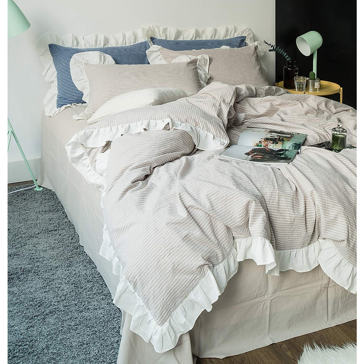 SUSYBAO Beige Ruffle Duvet Cover King 100% Washed Cotton Farmhouse Duvet Cover 3 Pieces Set 1 Striped Lace Duvet Cover with Zipper Ties 2 Pillow Shams Soft Vintage Romantic Ruffle Bedding Set