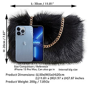 FHQHTH Faux Fox Fur Purse Fuzzy Handbags for Women Evening Handbags Al alloy Shoulder Strap [Black]