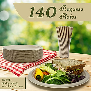 Reli. Compostable Paper Plates 9 Inch (140 Pack Bulk) | Brown Disposable Plates 9" | Heavy Duty Paper Plates, Eco-Friendly | Made of Sugarcane Fibers/Bagasse - Biodegradable | Microwavable (Natural)