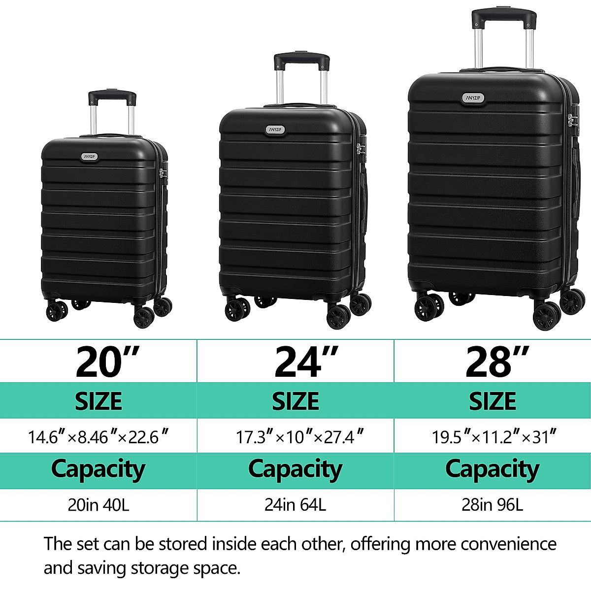 AnyZip Luggage Sets 3 Piece PC ABS Hardside Lightweight Suitcase with 4 Universal Wheels TSA Lock Carry On 20 24 28 Inch Black