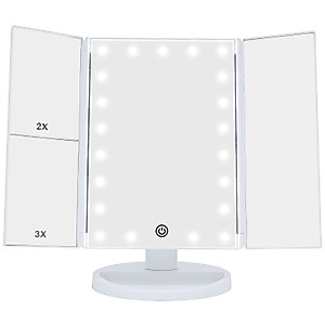 Essbhach Makeup Mirror with Lights, Vanity Desk Mirror 1/2/3/5X Magnifications, 21 LED Trifold Mirror and Touch Screen, 180 Degree Vanity Mirror, Gift for Women, White with Black