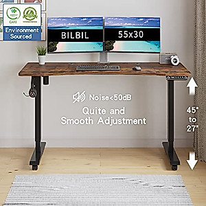 bilbil 55 x 30 Inches Curved Electric Standing Desk, Height Adjustable Sit to Stand Desk Home Office Desks with 4 Splice Boards, Casters with Brake, Rustic Brown