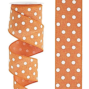 HUIHUANG Orange Polka Dot Wired Ribbon Orange and White Dot Ribbon Wired Edge Burlap Ribbon, 2.5 inch X 10 Yards Wreath Ribbon with Wire for Crafts Fall Wreath Supplies Gift Wrapping Basket Bows Decor