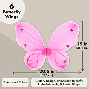 BLUE PANDA 6-Pack Fairy Wings for Girls, Butterfly Wings for Girls with Rhinestone Embellishments, Costume Fairy Wings Party Pack for Dress-Up, Halloween, and Imaginative Play (6 Vibrant Colors)