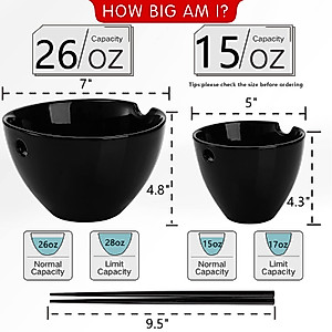 AVLA Ceramic Ramen Bowl Set of 2, 15/26 OZ Porcelain Noodle Soup Bowl with Chopsticks, Multi Purpose Bowl for Soup, Noodle, Pho, Udon and Soba, Dishwasher and Microwave Safe, Black