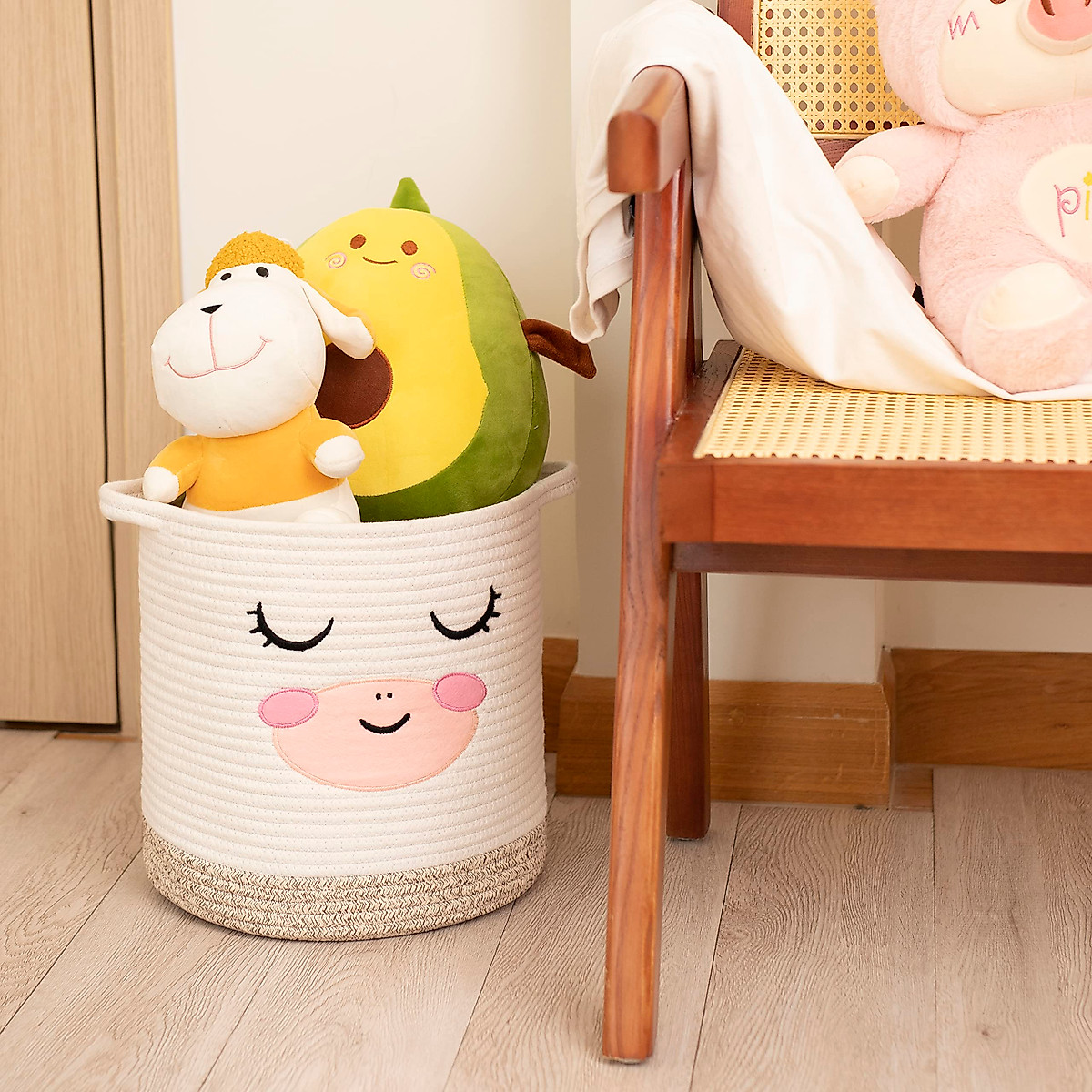 NADEnVIE Baby Girl Nursery Storage Basket Cute Unicorn Cotton Toy Storage Bin, Pig Baby Hamper For Nursery Girl, Pink Basket For Baby Woven Storage Basket