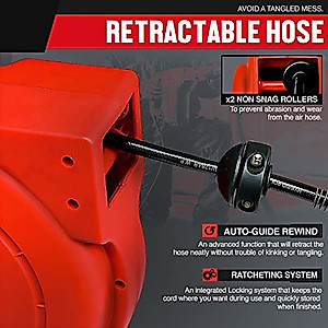 REELWORKS Air Hose Reel Retractable 1/4" Inch x 33’ Feet Premium Water Flex Hybrid Polymer Hose Max 180 PSI Heavy Duty Polypropylene Case Construction Industrial Spring Driven