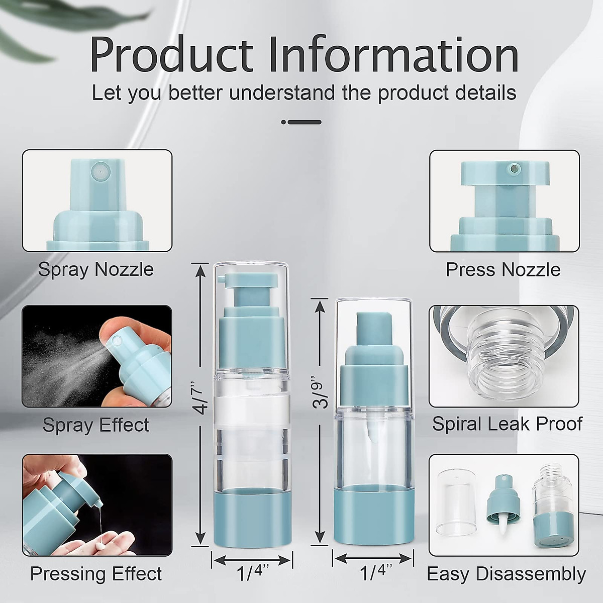 miermagic 1/2oz 1oz Vacuum Cosmetic Bottles Toiletries, Plastic Airless Pump/Spray Bottles for Toner, Cream and Shampoo, Travel Size Dispenser Refillable Containers (Pack of 4)