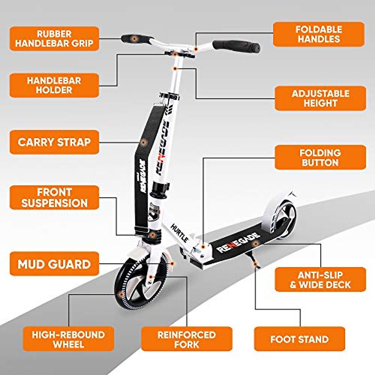 Hurtle Adult Kick Scooter - Folding, Adjustable T-Bar Handlebar, 8 Inch Smooth Gliding Wheels, White
