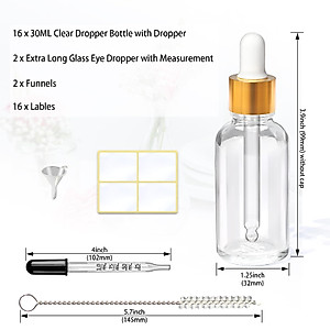 Asherxin 1oz Clear Glass Dropper Bottle with Dropper 16 pcs 30ml Dropper Bottle for Essential Body Oils with 2 Funnels & 2 Extra Glass Measured Pipette 1 Cleaning Brush & 16 Labels for Cosmetic/Travel