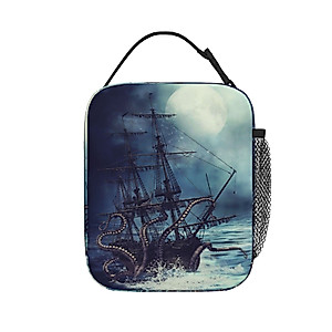 Groamaup Insulated Lunch Bag Night Scene with Pirate Ship Octopus Reusable Side Pocket Cooler Container Bags for Office Travel
