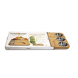 Versachop Trio, Extra Large 22 X 16 inch Cutting Boards for Kitchen, Butcher Block - Totally Natural Organic Moso Bamboo board with three Stainless Steel Bowls attached for easy chopping