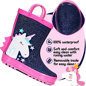 mysoft Kids Rain Boots for Girls Toddler Waterproof Rubber Cute Printed with Easy-On Handles