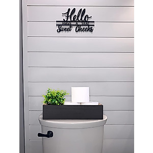 Veichin Bathroom Decor Box Back of Toilet Paper Storage Basket Organizer with Funny Double-Sided Box Sign And Artificial Flower, Set of 3 Wood Tank Tray