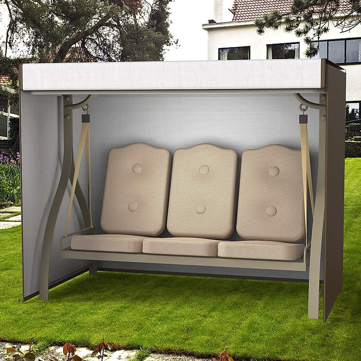 Muyoka Outdoor Swing Seat Cover Patio 3 Triple Seater Hammock Cover Waterproof Protection Garden Furniture Covers UV Resistant Swing Canopy Cover (Coffee)