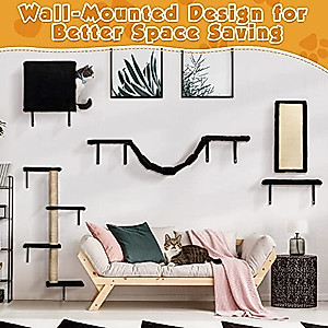 COZIWOW 5 Pcs Wall-Mounted Cat Climber Set with Cat Shelves and Perches, Ladder, Cat Condo House, Scratching Board and Cat Tree, Cat Wall Shelves Furniture, Wood Indoor,Black