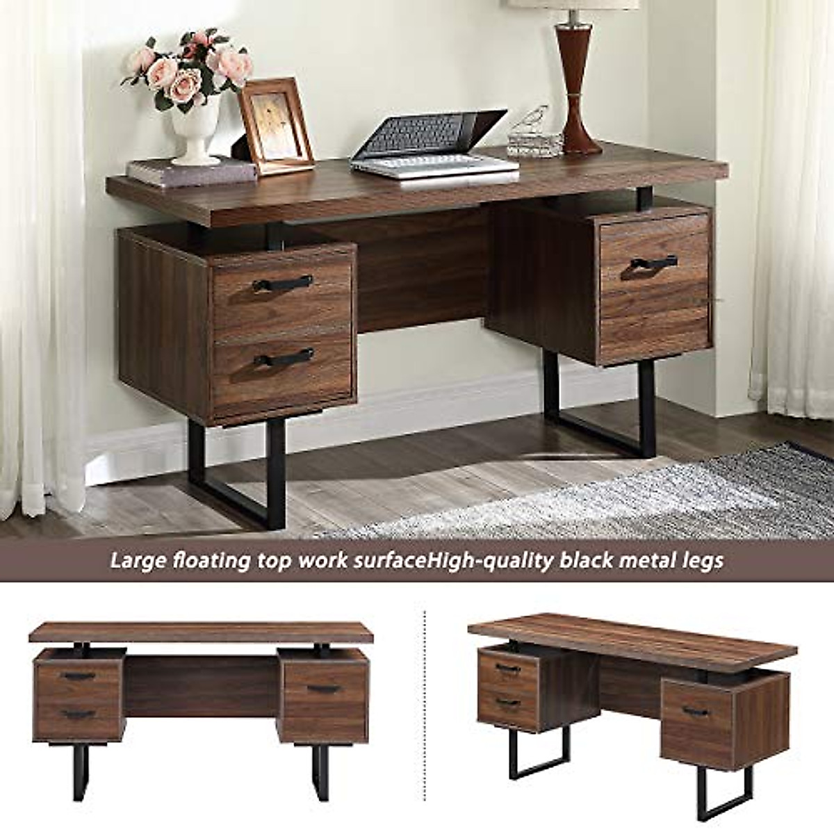 Merax Computer Hanging Letter-Size files/59 inch Writing Study Table with Drawers Desk, Walnut
