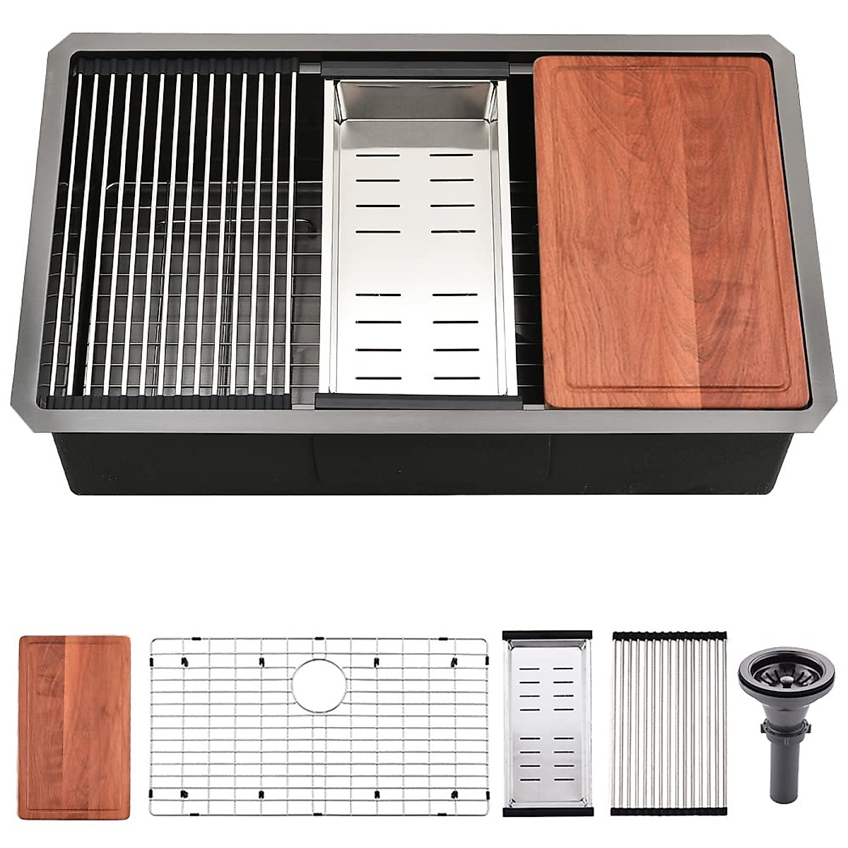 30 Inch Undermount Kitchen Sink Black Stainless Steel, BoomHoze 30 x 19 Inch Undermount Workstation Sink Single Bowl Commercial 16 Gauge Stainless Steel Black Kitchen Sink Deep Kitchen Sink