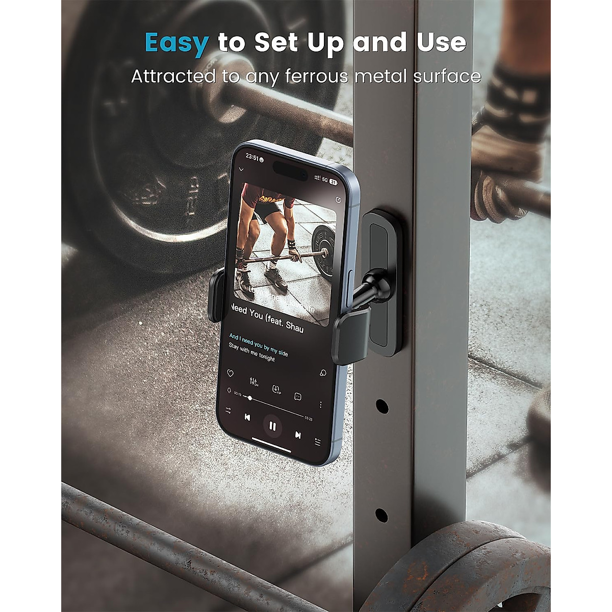 APPS2Car Gym Magnetic Phone Holder, 360 Adjustable, Compatible with 4.7-6.5" Smartphones, Alloy Base and Joint, Black