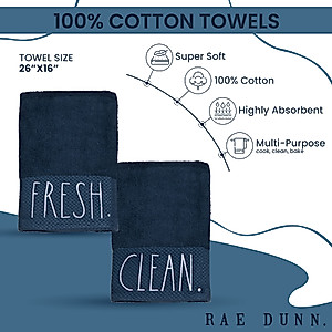 Rae Dunn Hand Towels, Embroidered Decorative Hand Towel for Kitchen and Bathroom, 100% Cotton, Navy- Fresh, Clean, 16"x 28"