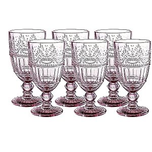 WHOLE HOUSEWARES | Pink Coloured Glass Goblet | Set of 6 Vintage Drinking Glasses | 11.5 oz Embossed Design | Wedding, Party Wine Glasses Set of 6 (Pink)