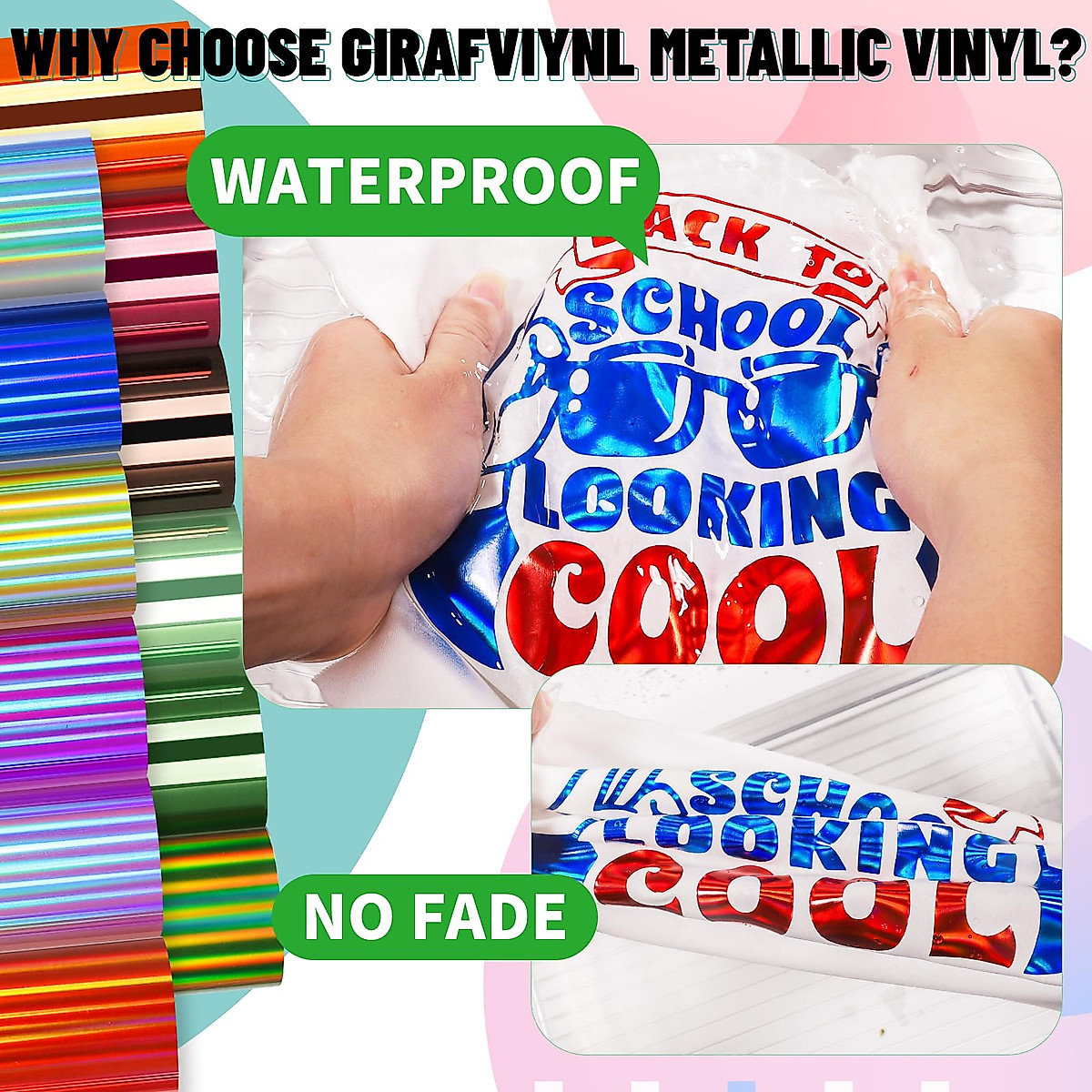 Holographic HTV Vinyl,Holographic Heat Transfer Vinyl - 12" X 12" 12 Sheets Soft Foil Iron on Vinyl for T-Shirts, Metallic Foil HTV Vinyl for Garments