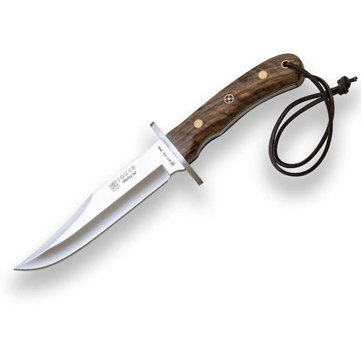 Joker Bowie CN96 Hunting Knife. Knife with Walnut Wood Handle and Full Tang Stainless Steel Mova Blade of 5.7 inches. Includes brown leather sheath
