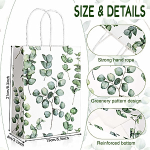 24 Pack Eucalyptus Paper Gift Bags with Handles Greenery Watercolor Green Leaf Paper Gift Bags Bulk Candy Goodie Treat Bags for Spring Wedding Birthday Baby Shower Party Favor Supplies