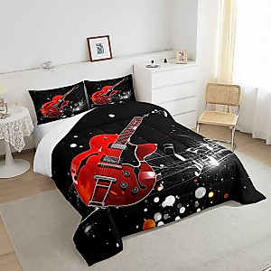 Castle Fairy Red Guitar Full Size Comforter Set Rock Music Theme Bedding Set for Kids Adults Teens Musical Instrument Comforter Luxury Music Note Quilt Set Room Decor 3Pcs