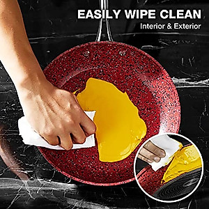 HLAFRG 8 Inch Nonstick Frying Pan with Lid, Red Granite Skillet with Non Toxic APEO & PFOA Free,Even Heating and Less Oil,Oven Pan with Heat-Resistant Handle,Omelet Pan with lid,Induction Compatible