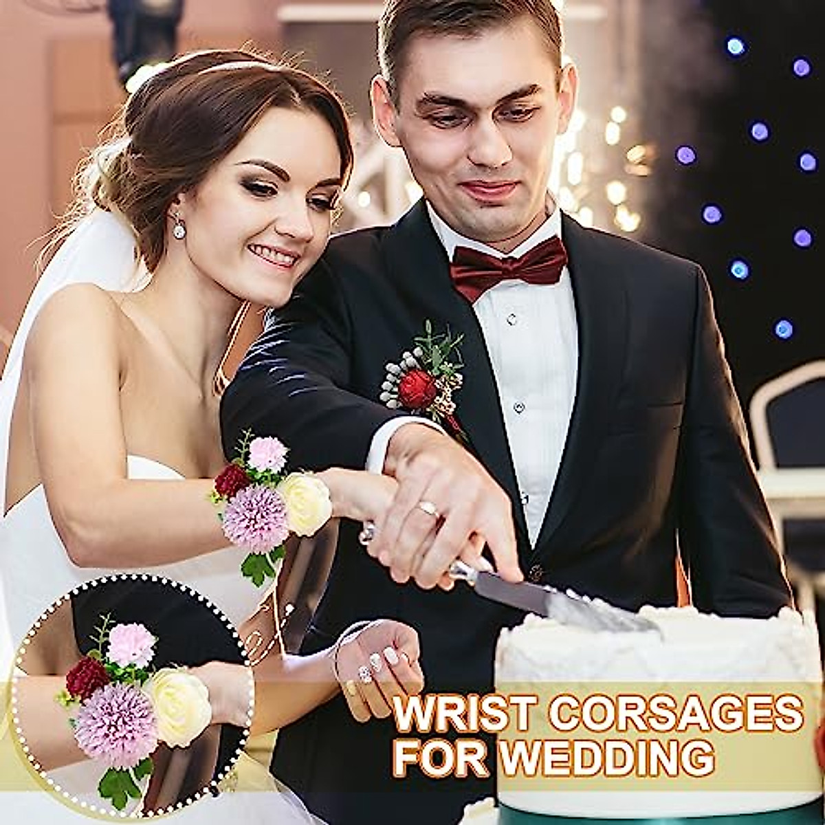 Bonuci 4 Pieces Corsage Wristlet Bands Rhinestone Bracelet Wristlets Stretch DIY Wedding Wristband Corsage Accessories Bracelets for Wedding Party Prom Bride Shower Party Anniversary