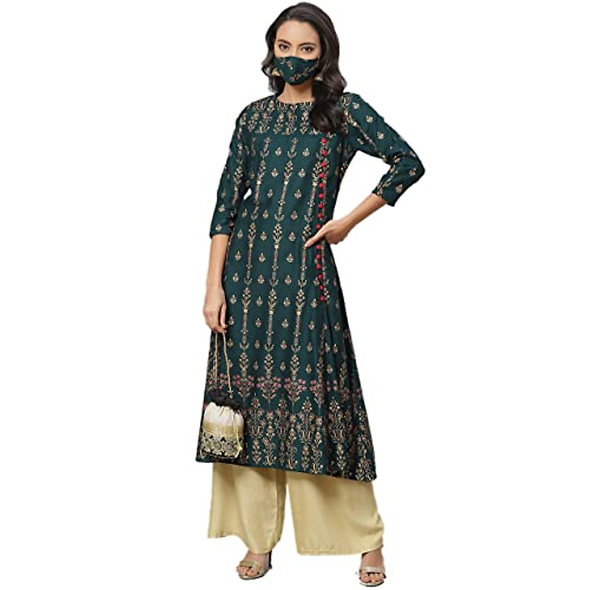 Yash Gallery Women's Plus Size Rayon Floral Print Anarkali Kurta (Dark Green)