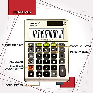 Desktop 12-Digit Business Calculator with Dual Power, Solar and Battery, for Basic, Finance and Tax Calculations, Desk Calculators for School or Office