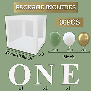 ONE Boxes for 1st Birthday Boy Decorations,30PCS Green Gold White Balloons and ONE Letters for First Birthday Decorations One Blocks for Boy Girl Baby Shower,Photo Shoot Prop,Table Centerpiece