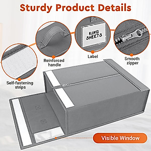 StorageTastic 4 Pack Bed Sheet Closet Organizers and Storage,Sturdy Foldable Storage Containers with Window and Label,Storage and Organization for Bedding Sheets,Duvet Covers,Blankets (Grey)