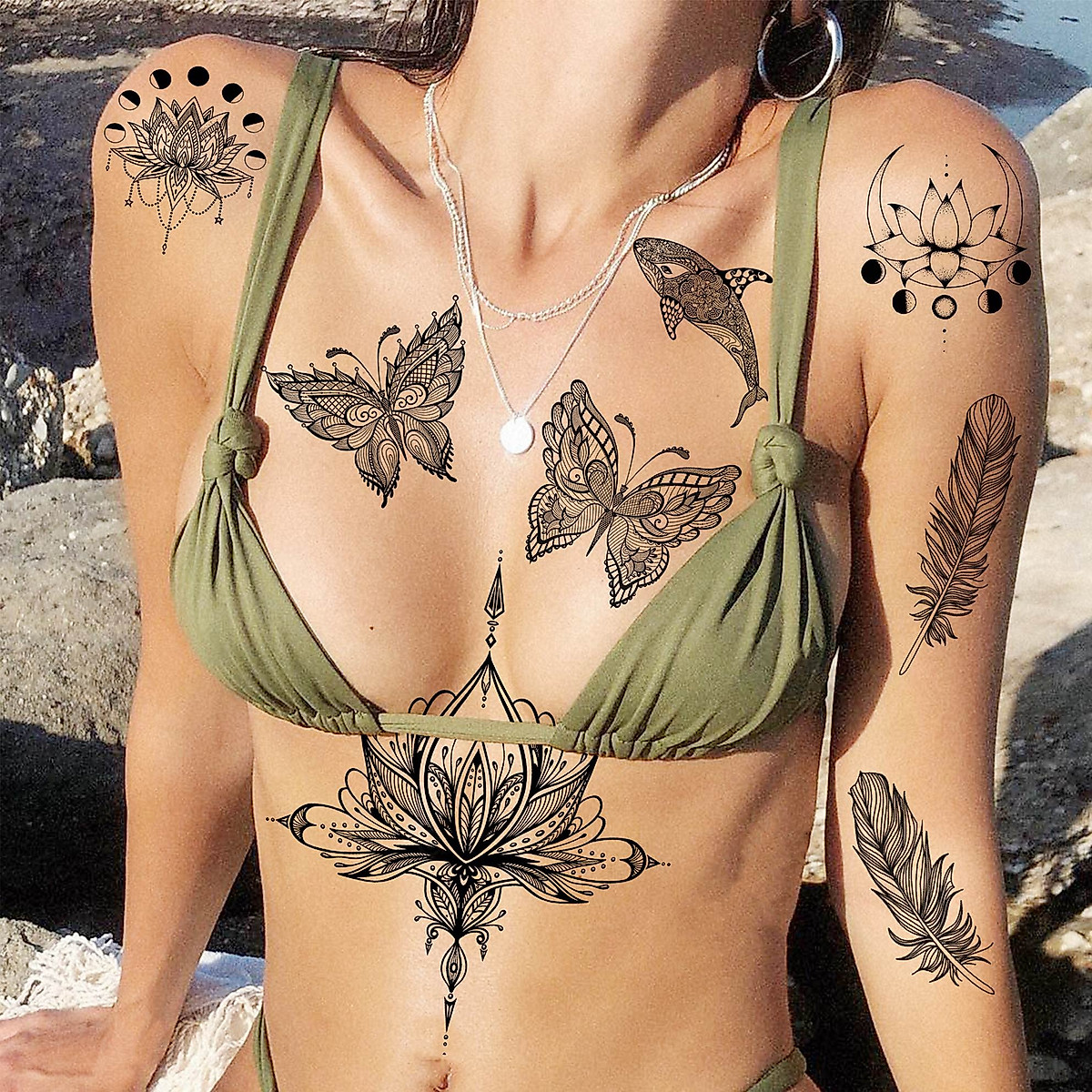 Bilizar 32 Sheets 89+ PCS Black Lotus Temporary Tattoos For Women Hands Adults Underboob, Tribal Indian Elephant Skull Snake Fake Tattoos, Bulk Bohemia Butterfly Tattoo Kit Sets Mandala Flower Moon