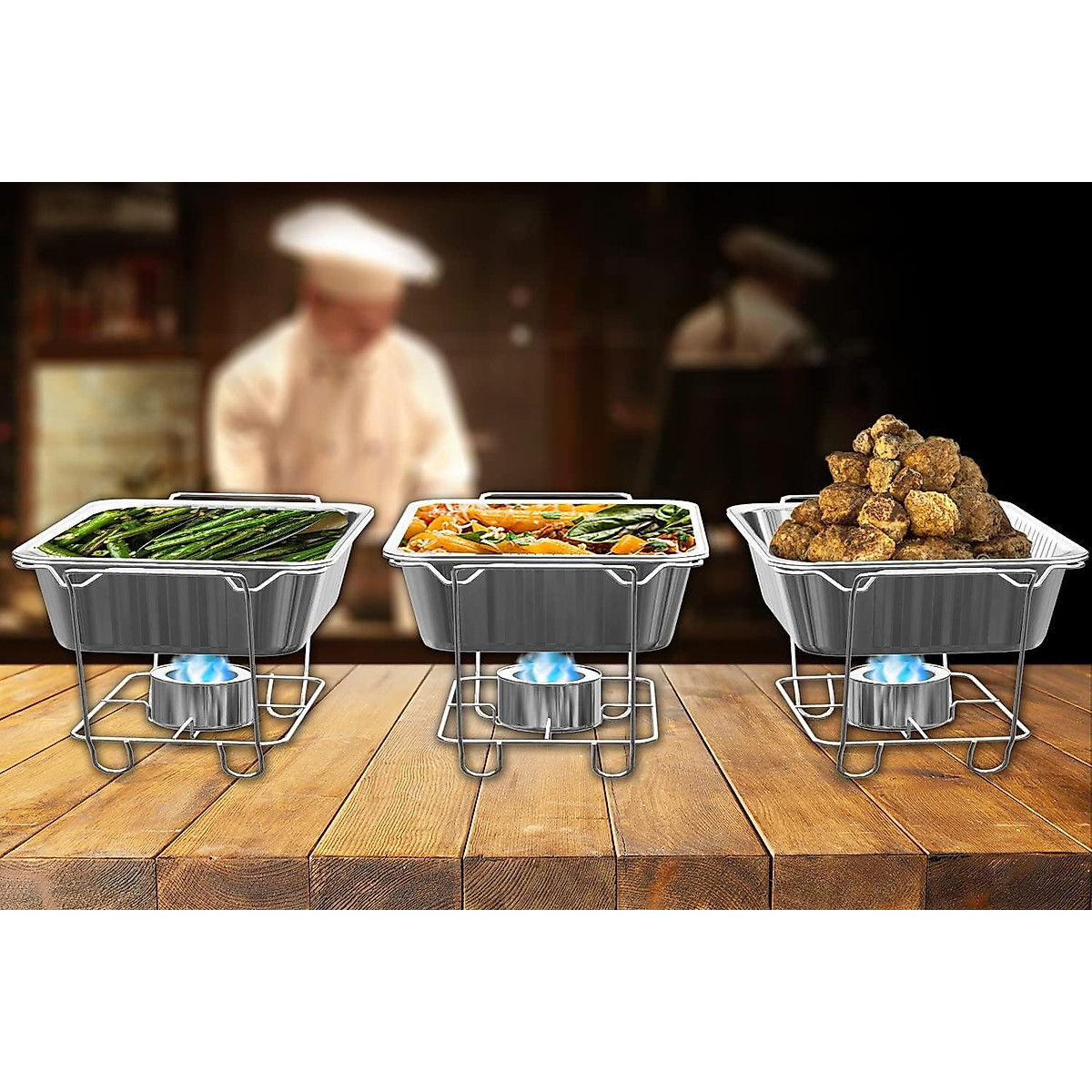 3-Pack Disposable Chafing Dish Buffet Set + Fuel + Serving Utensils - Full Size Buffet Warmers with 6 Half Size Food Pans, 4 Hour Fuel Cans, 9 Serving Utensils, Frame, for Catering and Parties